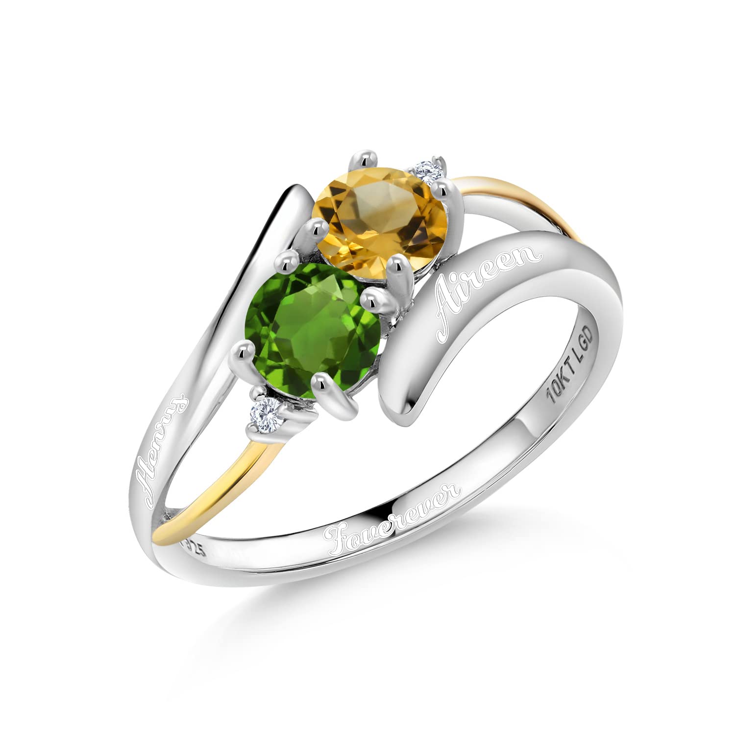 925 Sterling Silver and 10K Yellow Gold Build Your Own Customized and Personalized Engraved 2-Stone Round Birthstones and White Lab Grown Diamond Women Ring (Available In Size 5, 6, 7, 8, 9)