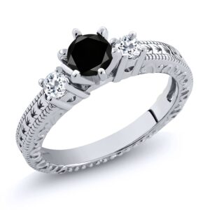 gem stone king 0.83 ct round black diamond white topaz 925 sterling silver ring (size 7)