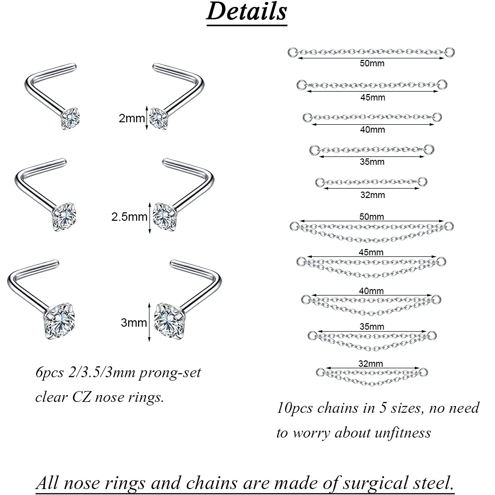 PunkTracker 20G Nose Rings 2mm 2.5mm 3mm CZ Nose Studs with Chain Surgical Steel Nose Piercing Jewelry Nose Ring Studs