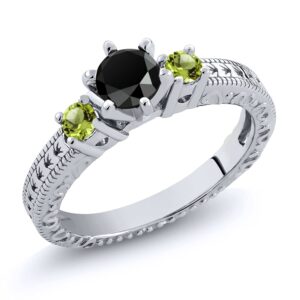 gem stone king 0.72 ct round black onyx green peridot 925 sterling silver ring (size 7)