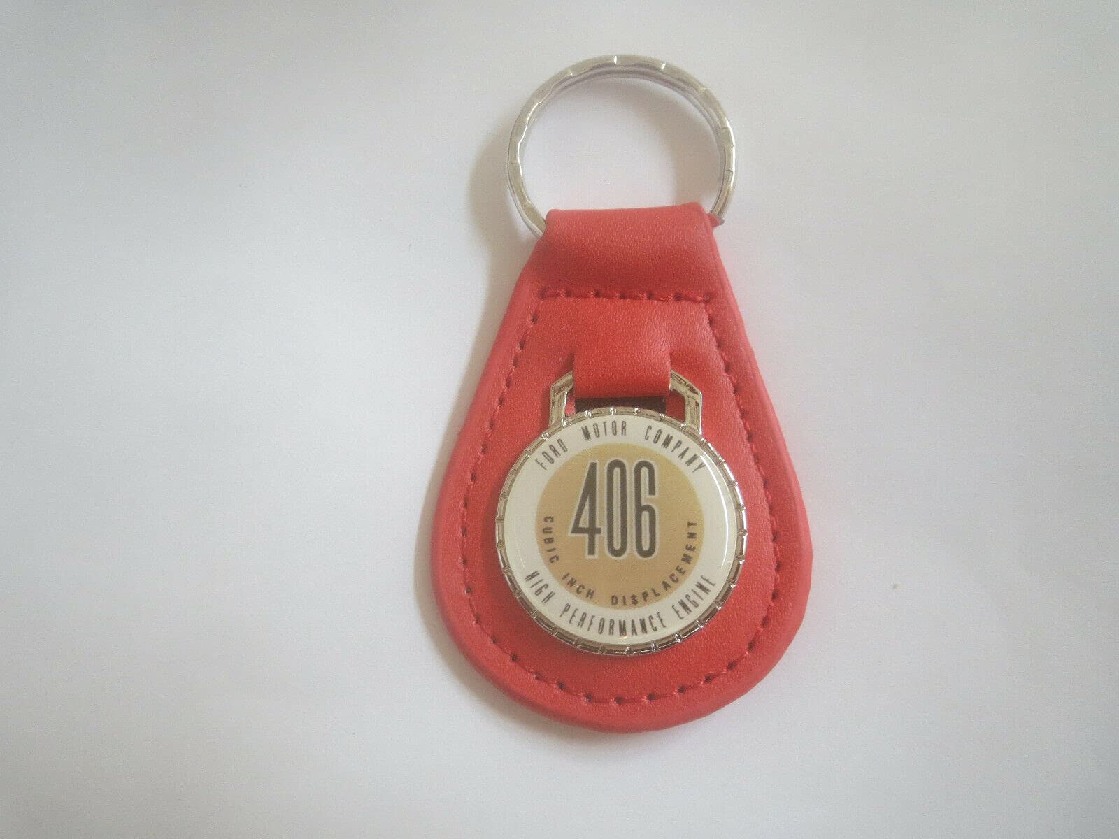 1962 1963 1964 GALAXIE 406 HIGH PERFORMANCE ENGINE LOGO LEATHER KEYCHAIN - RED