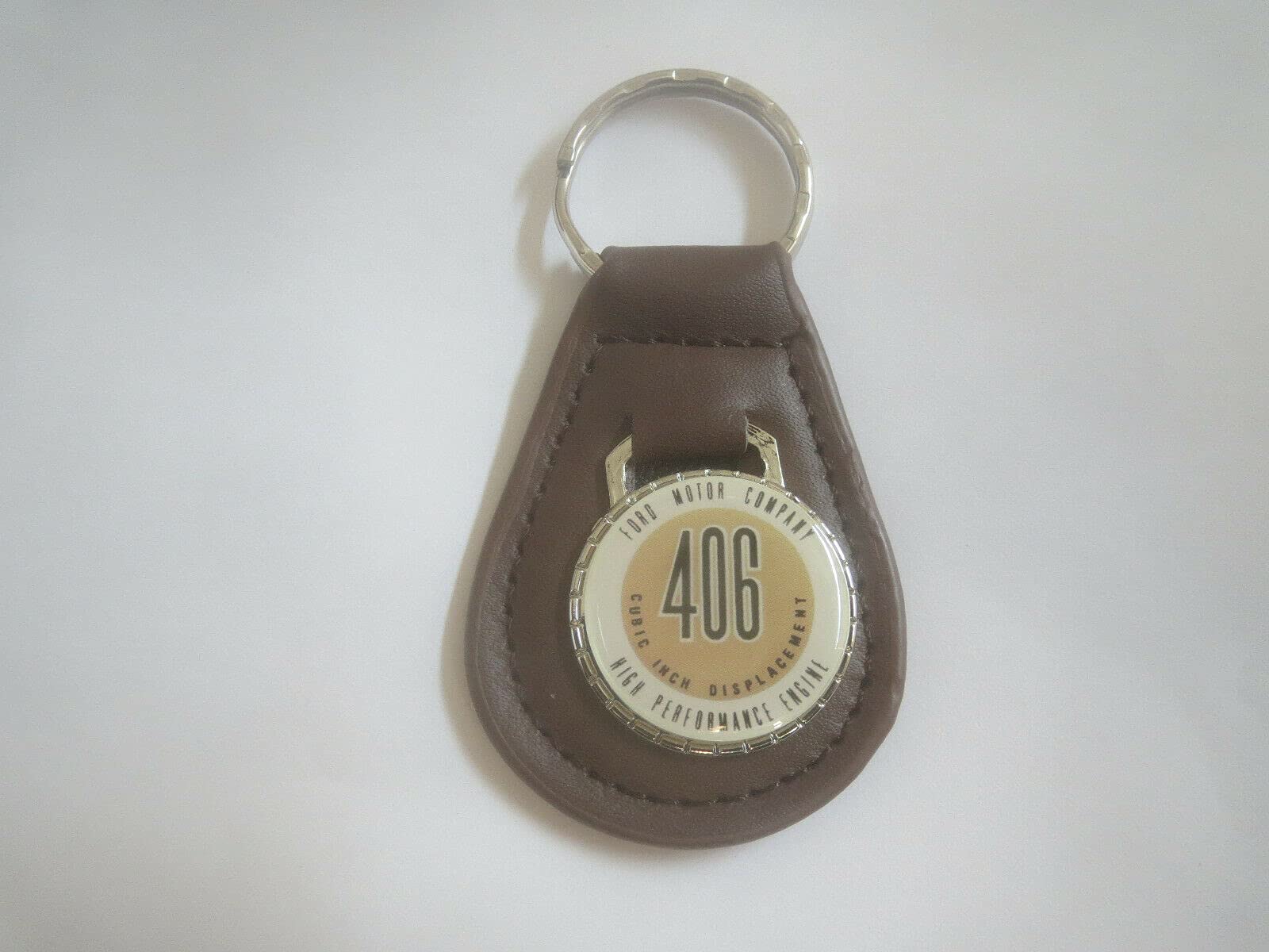 1962 1963 1964 GALAXIE 406 HIGH PERFORMANCE ENGINE LOGO LEATHER KEYCHAIN - BROWN