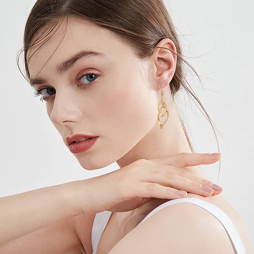 Aganippe 14 Pairs Gold Dangle Earrings for Women- Simple Drop Earrings Multipack-Curved Threader Dangle Earrings Set-Upside Down Hoop Earrings- Leaf Earrings