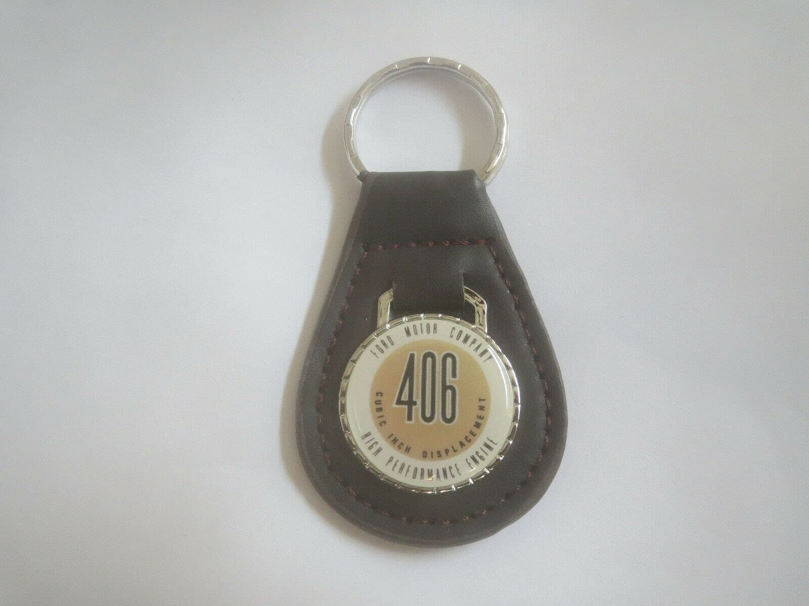 1962 1963 1964 GALAXIE 406 HIGH PERFORMANCE ENGINE LOGO LEATHER KEYCHAIN - MOCHA