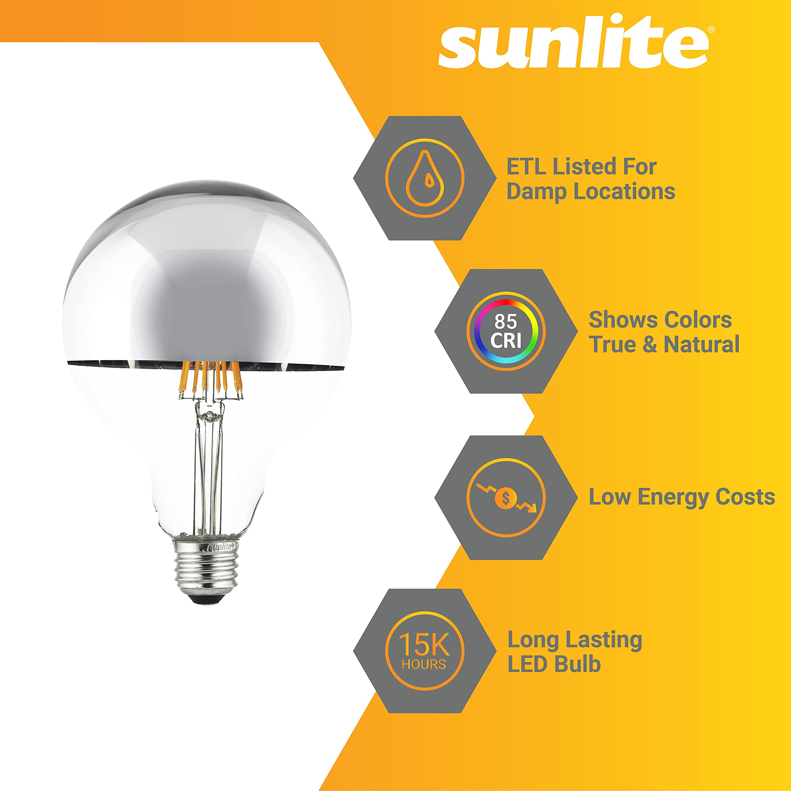 Sunlite LED G40 (G125) Edison Half Chrome Globe Light Bulb, 7 Watts (75W Equivalent), 600 Lumens, Standard E26 Base, Dimmable, Decorative Silver Bowl, Anti-Glare. 2700K Soft White, 3 Pack