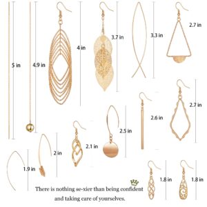 Aganippe 14 Pairs Gold Dangle Earrings for Women- Simple Drop Earrings Multipack-Curved Threader Dangle Earrings Set-Upside Down Hoop Earrings- Leaf Earrings