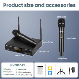 Wireless Microphone System Dual UHF Handheld Cordless Mic Set Work Range 180ft Dynamic Microphone with XLR & 1/4 inch Jack for Church Karaoke Machine Speech Wedding Party Singing