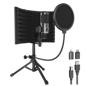 studio recording microphone isolation shield with pop filter &tri-stand kit music recording usb condenser mics to laptop pc mac phone equipment for singing song