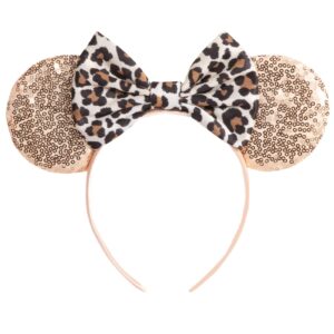 chuangqi mouse ears headband with shiny bow, double-sided sequins glitter hair band, for birthday party celebration & event (xc11)