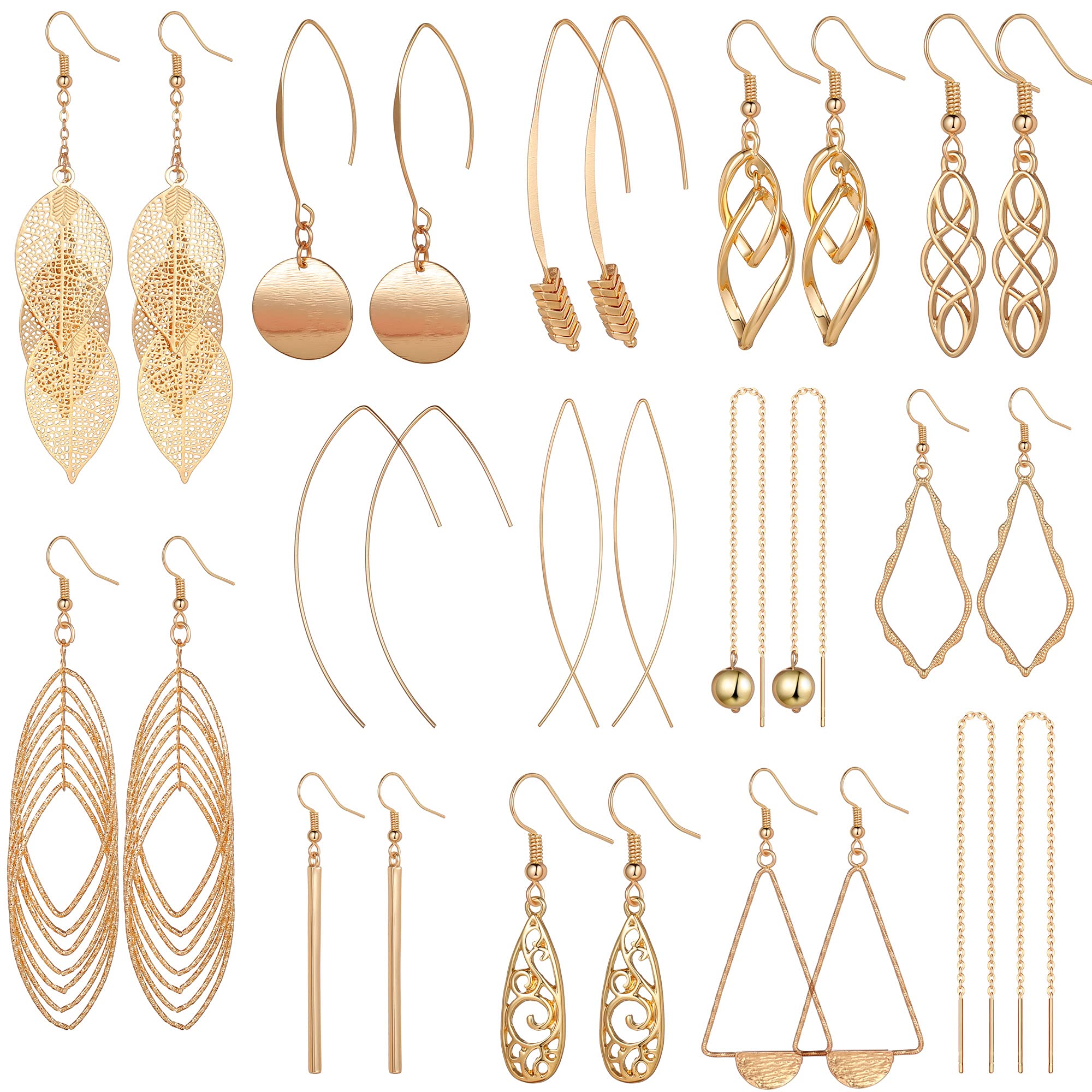 Aganippe 14 Pairs Gold Dangle Earrings for Women- Simple Drop Earrings Multipack-Curved Threader Dangle Earrings Set-Upside Down Hoop Earrings- Leaf Earrings