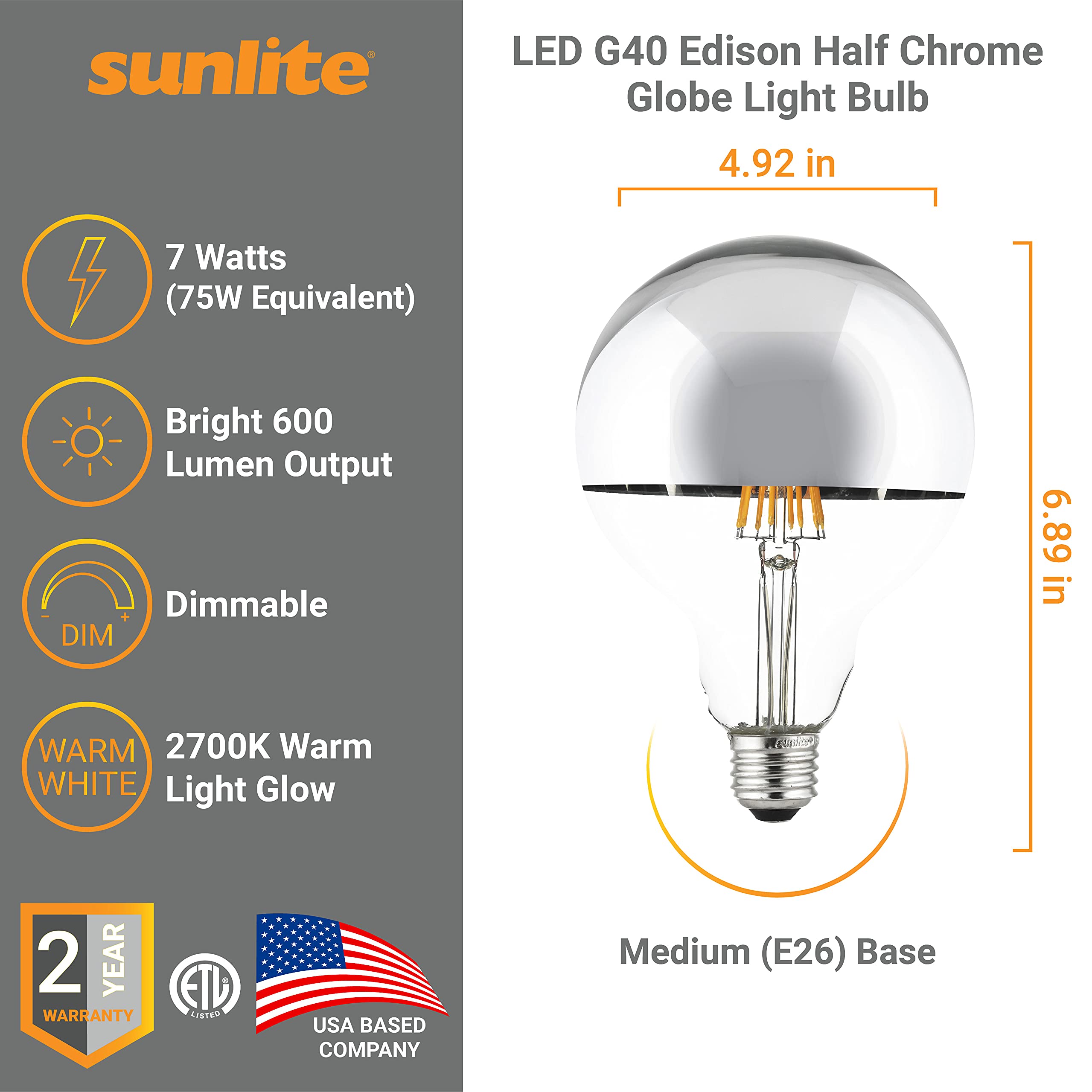 Sunlite LED G40 (G125) Edison Half Chrome Globe Light Bulb, 7 Watts (75W Equivalent), 600 Lumens, Standard E26 Base, Dimmable, Decorative Silver Bowl, Anti-Glare. 2700K Soft White, 3 Pack