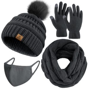 uratot winter warm knitted sets beanie pompom hat scarves winter touchscreen gloves scarf set for men women