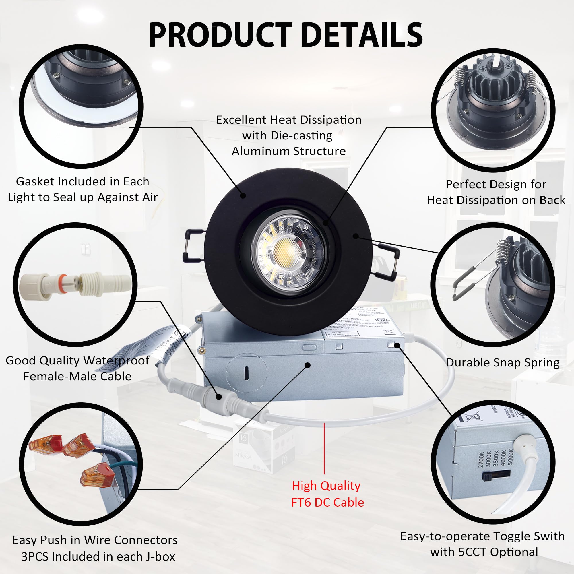 POPANU Canless Recessed Gimbal Downlight Rotatable-Spotlight 5 CCT 3 Inch Eyeball Ceilling Potlight, Dimmable Recessed Lights Fixture with Junction Box, 8W CCT Adjustable, Black Round Trim, 6 Pack