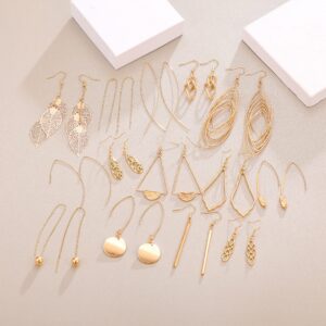 Aganippe 14 Pairs Gold Dangle Earrings for Women- Simple Drop Earrings Multipack-Curved Threader Dangle Earrings Set-Upside Down Hoop Earrings- Leaf Earrings