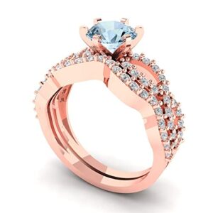 Clara Pucci 1.49ct Round Cut Halo Solitaire Natural Swiss Blue Topaz Engagement Anniversary Wedding Ring band set 18k Rose Gold 5.75