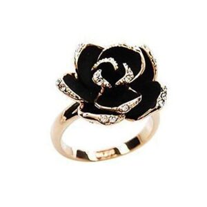 PULABO Exaggerated Rose Gold Ring Shiny Zirconia Garnished with Black Roses Design for New Women Comfortable and Environmentally Popular