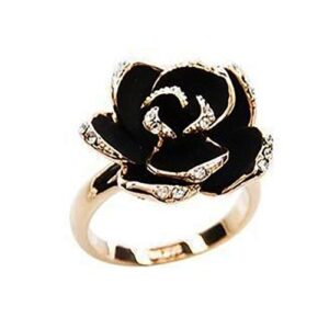 pulabo exaggerated rose gold ring shiny zirconia garnished with black roses design for new women comfortable and environmentally popular