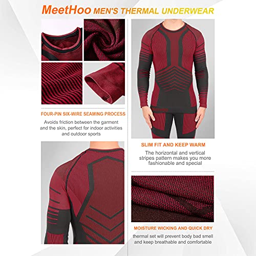 MeetHoo Men's Thermal Underwear Set Seamless Compression Base Layer Winter Gear Sports Long Johns Bottoms, Red, Large