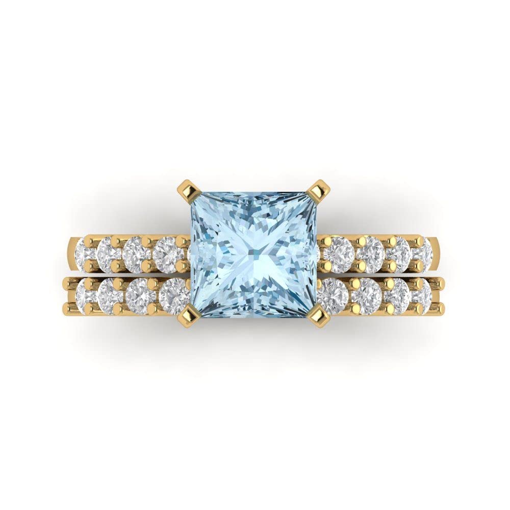 Clara Pucci 2.66ct Princess Cut Solitaire Natural Swiss Blue Topaz Engagement Anniversary Bridal Ring Band set 18k Yellow Gold 9.5