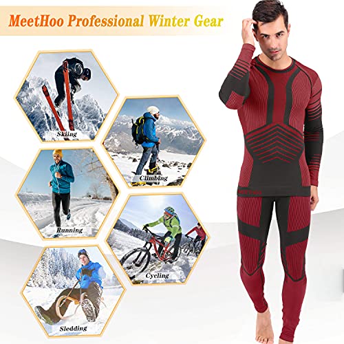 MeetHoo Men's Thermal Underwear Set Seamless Compression Base Layer Winter Gear Sports Long Johns Bottoms, Red, Large