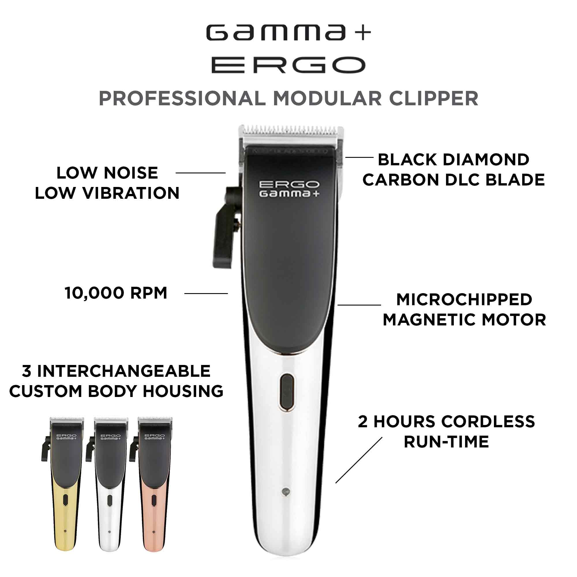 GAMMA+ X-Ergo Professional Cordless Hair Clipper 9V Microchipped Magnetic Motor, 3 Custom Lids in Matte Chrome, Gold, Rose Gold