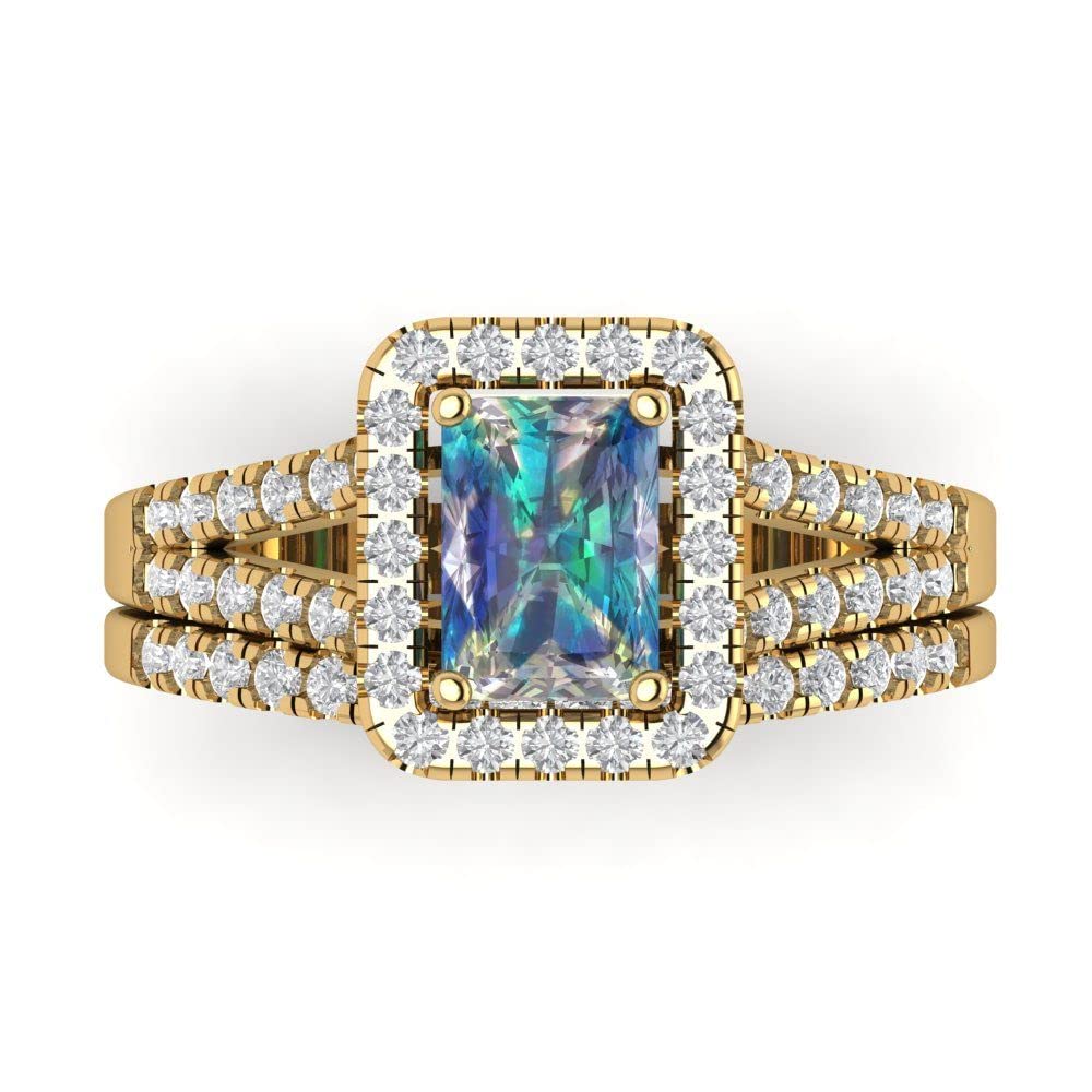 Clara Pucci 1.5ct Emerald Halo Solitaire Genuine Blue Moissanite Anniversary Wedding Engagement Ring Band set 18K Yellow Gold 3.5