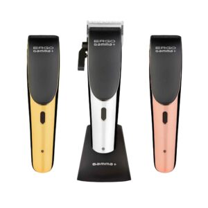 gamma+ x-ergo professional cordless hair clipper 9v microchipped magnetic motor, 3 custom lids in matte chrome, gold, rose gold