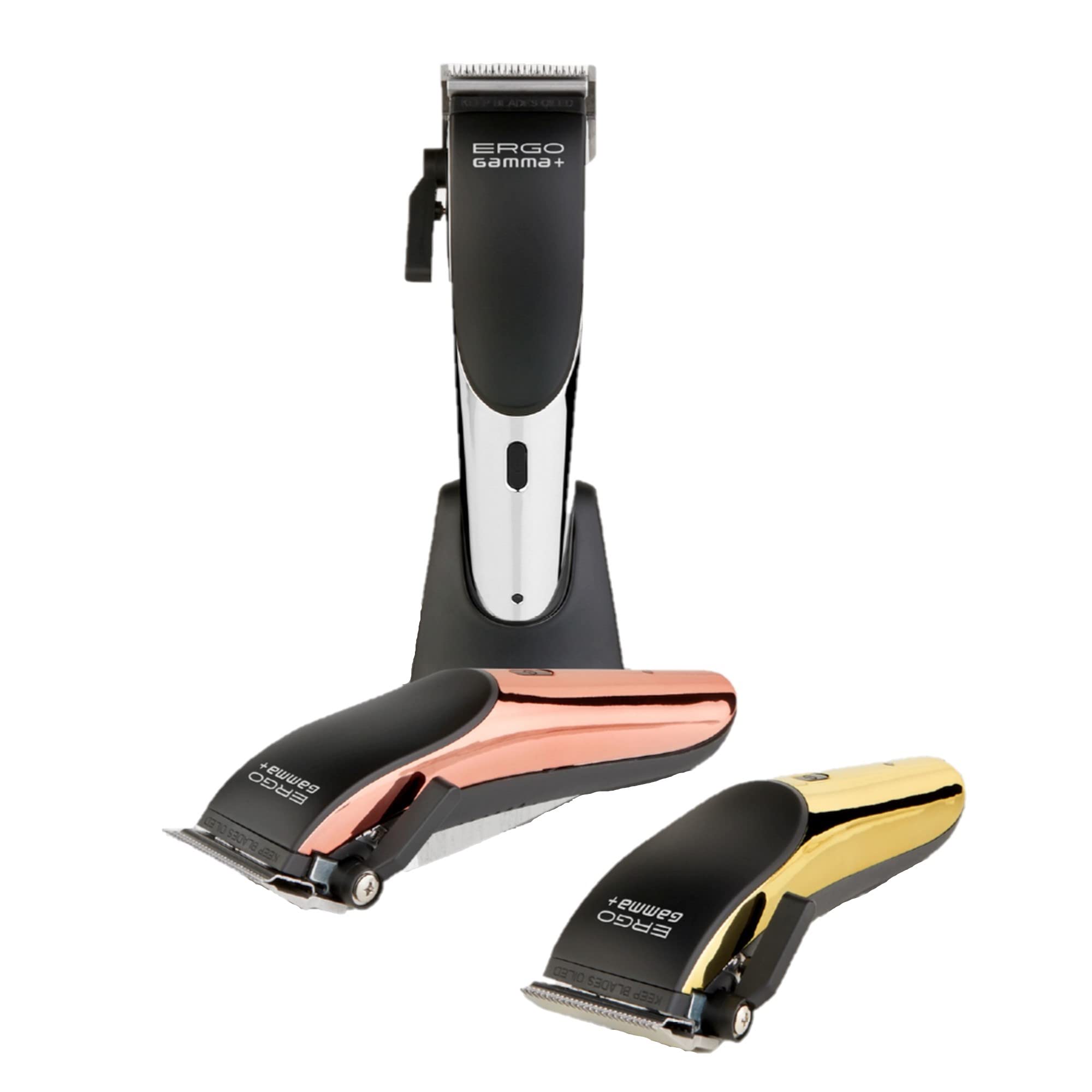 GAMMA+ X-Ergo Professional Cordless Hair Clipper 9V Microchipped Magnetic Motor, 3 Custom Lids in Matte Chrome, Gold, Rose Gold