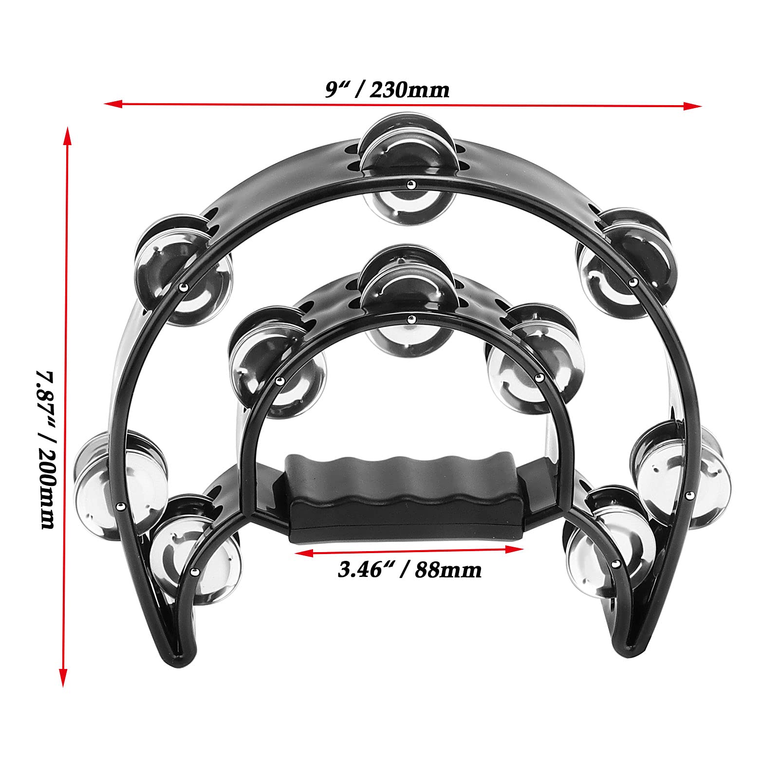 JOIKIT 4 Pack 9 Inch Double Row Tambourine, Half Moon Musical Tambourine, Metal Jingles Hand Held Percussion for Adults, Church, Party, KTV, Bar, Gift, Black