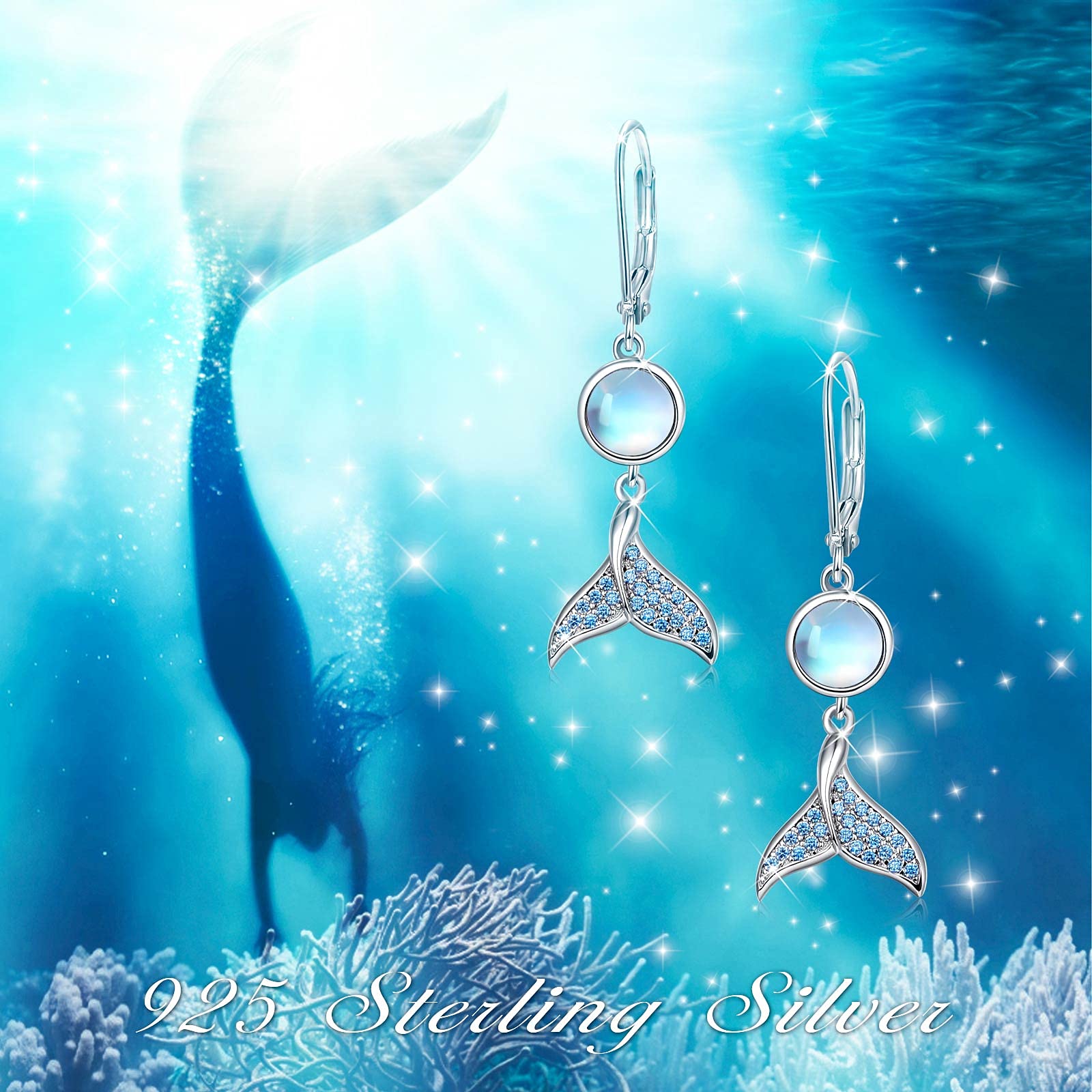 Mermaid Tail Earrings Leverback Earrings S925 Sterling Silver Moonstone Earrings Mermaid Earrings Blue Tail Mermaid Hoop Earrings Dangel Drop Earrings Jewelry Gifts for Women