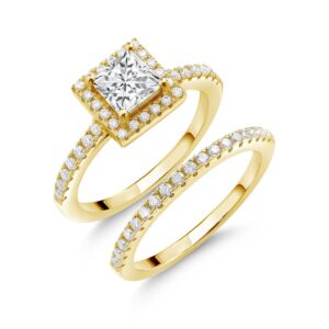 gem stone king 18k yellow gold plated silver white moissanite engagement wedding engagement ring band bridal set for women (1.36 cttw, gemstone, princess 5mm, size 7)