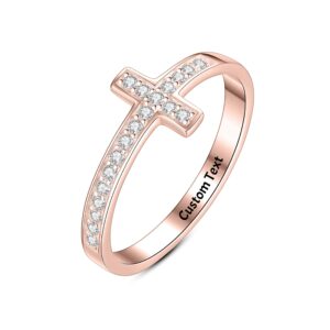 Cross Rings for Women Purity Ring Sterling Silver Thumb Dainty Simple Mothers Day Mother Daughter Christian Jewelry Personalized Engraved Custom Name Rose Gold Band CZ Cubic Zirconia