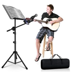 sheet music stand - 3 in 1 professional portable music stand with folding tray, detachable microphone stand, phone holder and carry bag, dual-use music stand for sheet music & projector stand