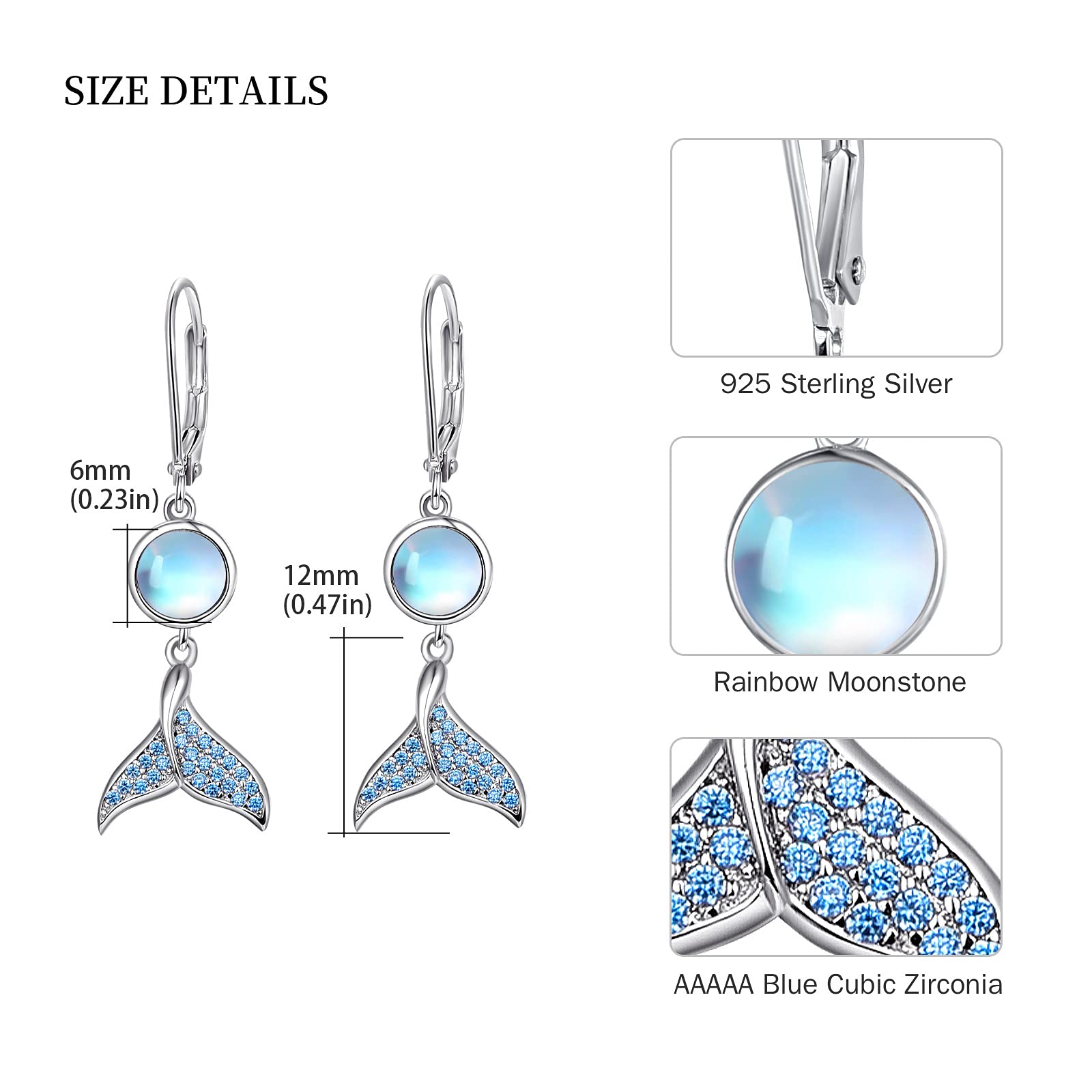 Mermaid Tail Earrings Leverback Earrings S925 Sterling Silver Moonstone Earrings Mermaid Earrings Blue Tail Mermaid Hoop Earrings Dangel Drop Earrings Jewelry Gifts for Women