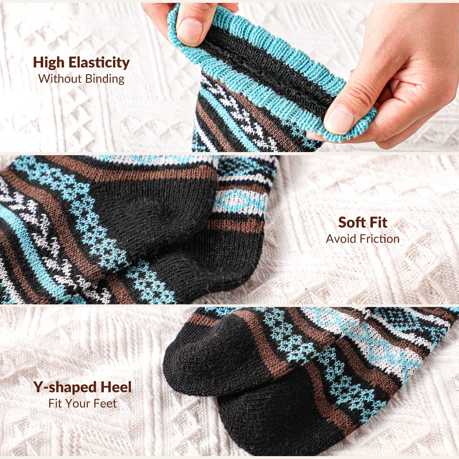 Trifabricy 5 Pairs Cozy Vintage Knit Socks - Warm Thick Winter Socks For Women and Men, Soft Crew Hiking Socks, Fashion Gift