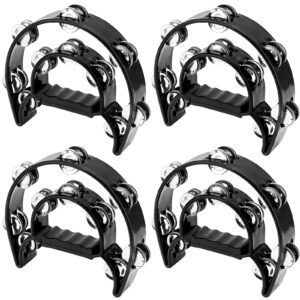 joikit 4 pack 9 inch double row tambourine, half moon musical tambourine, metal jingles hand held percussion for adults, church, party, ktv, bar, gift, black