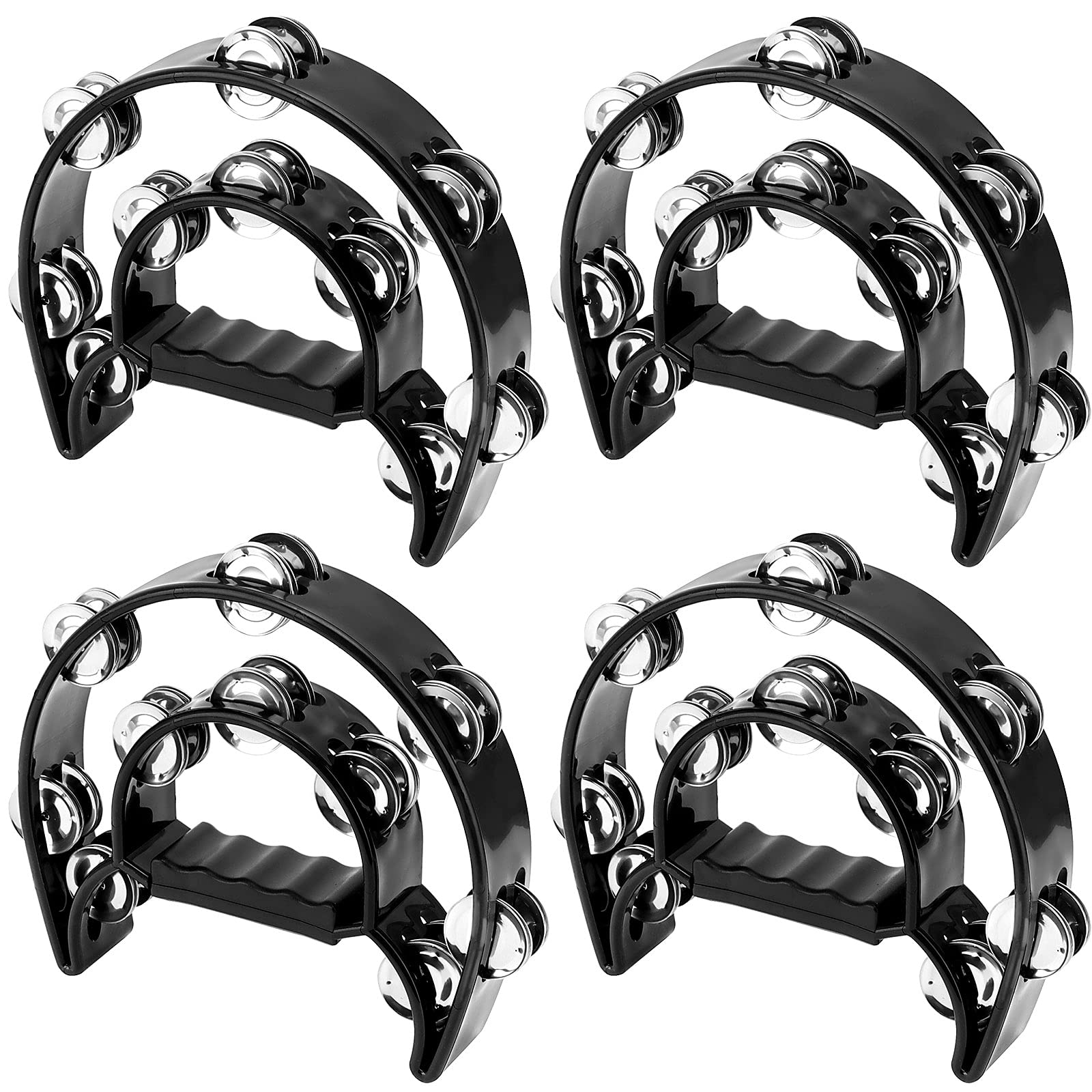 JOIKIT 4 Pack 9 Inch Double Row Tambourine, Half Moon Musical Tambourine, Metal Jingles Hand Held Percussion for Adults, Church, Party, KTV, Bar, Gift, Black