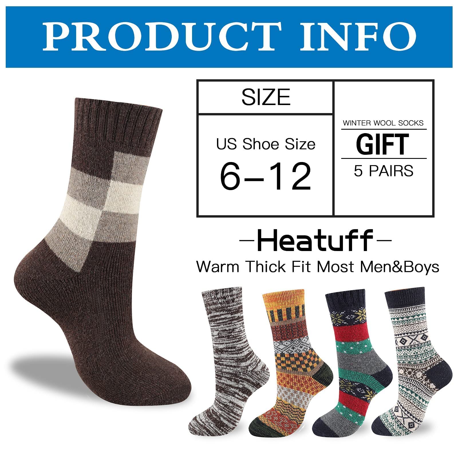 Heatuff Mens Thick Wool Socks Thermal Warm Winter Crew Socks 5 Pairs Multicolors