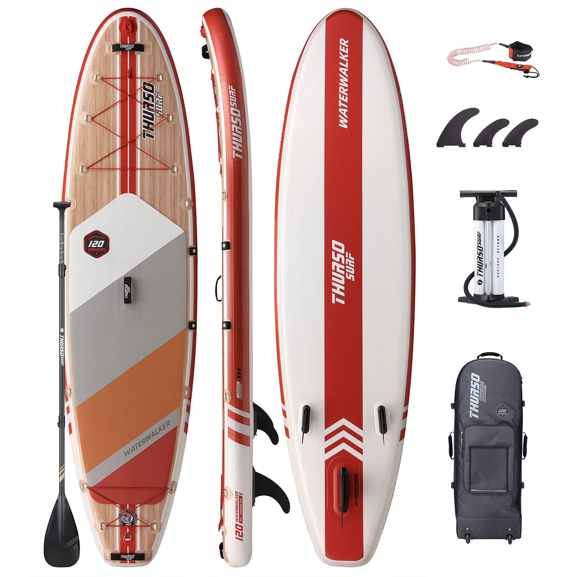 THURSO SURF Inflatable Stand Up Paddle Board All-Around SUP Waterwalker 120 10'×30''×6'' Deluxe Package | Carbon Shaft Paddle | Roller Backpack | Dual Chamber Pump | Coiled Leash (Crimson)