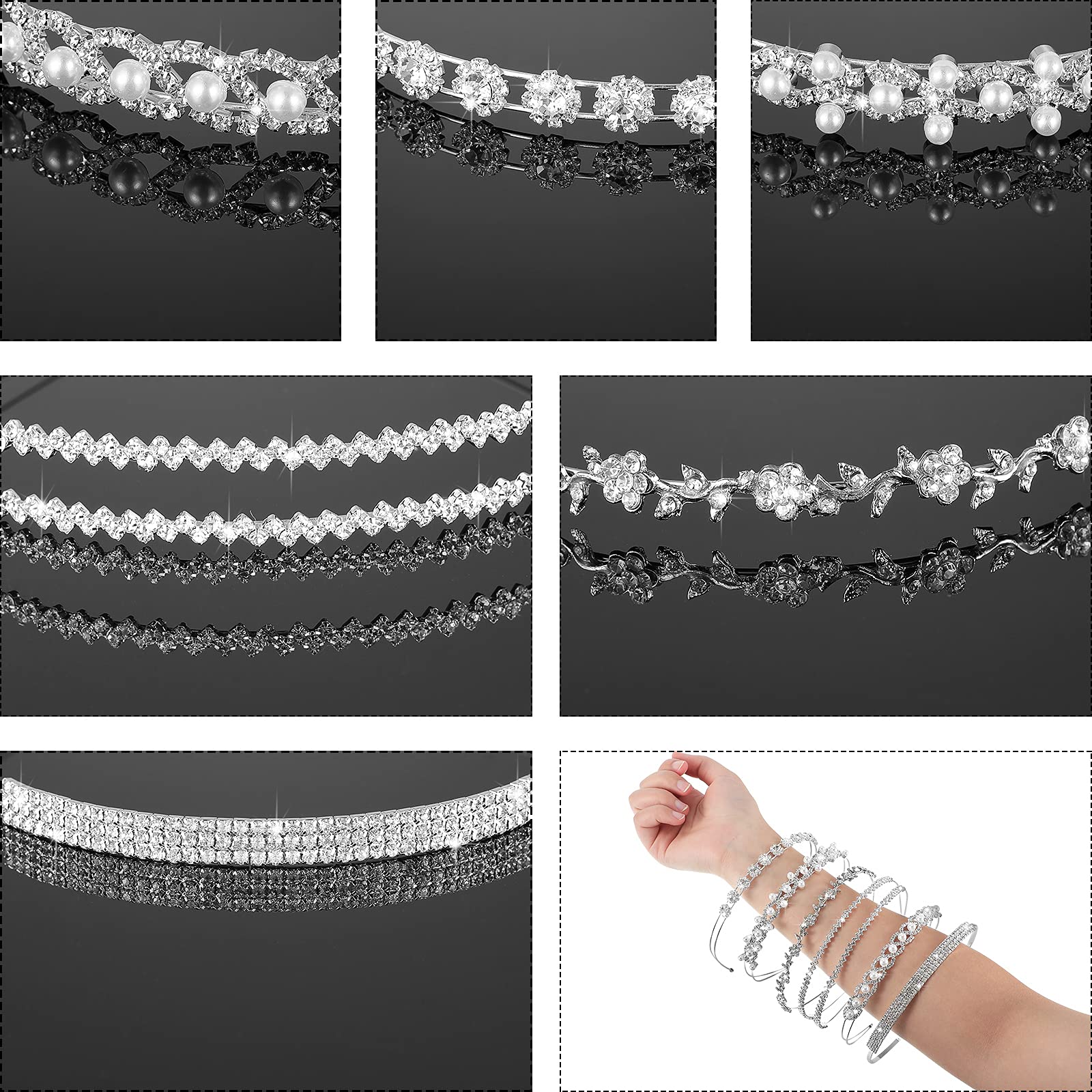 6 Pieces Rhinestones Wedding Headbands Crystal Flower Girl Leaves Crown Headband Tiara Women's Faux Pearl Rhinestones Princess Hairband Headdress for Bride Bridesmaids Wedding Party (Chic Pattern)