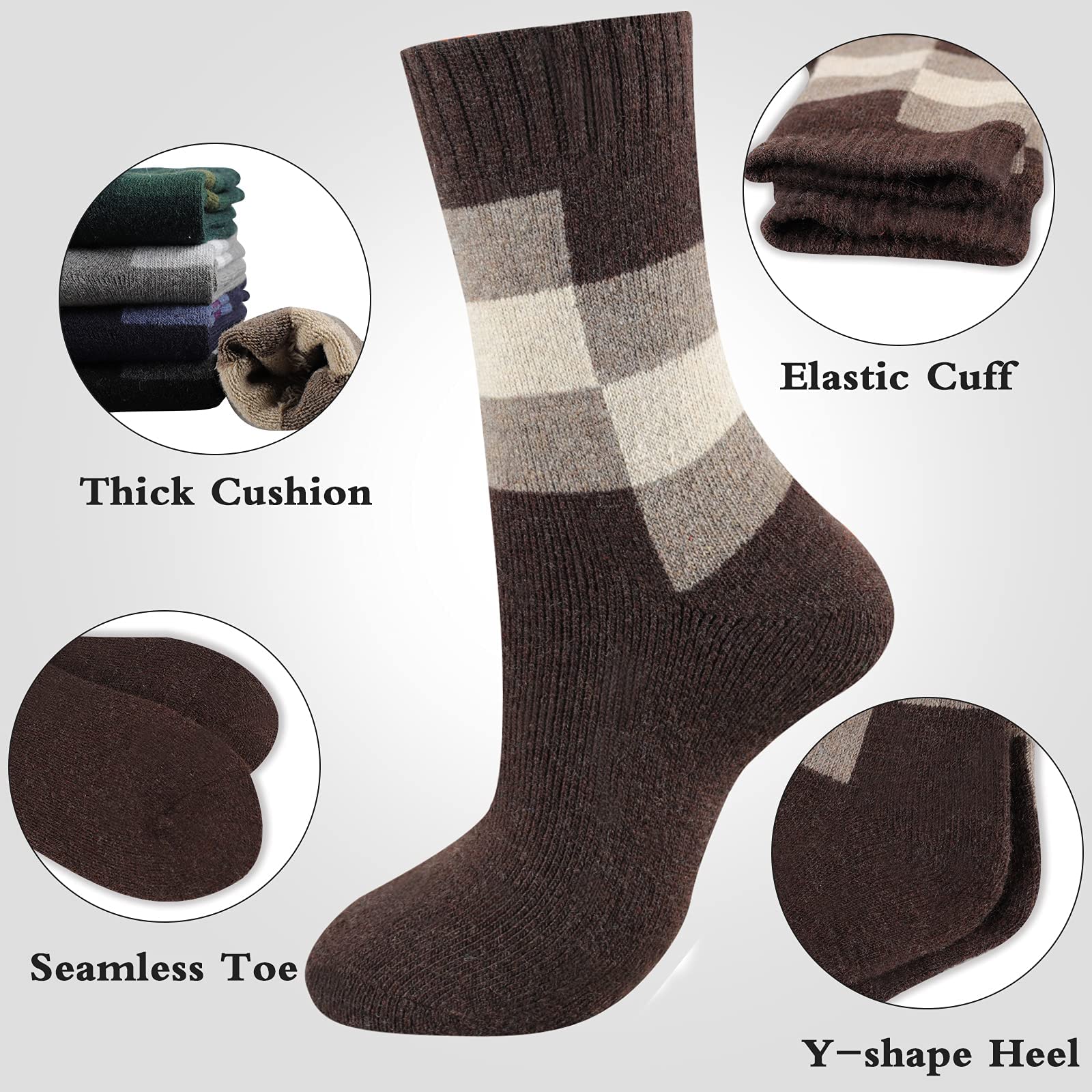 Heatuff Mens Thick Wool Socks Thermal Warm Winter Crew Socks 5 Pairs Multicolors