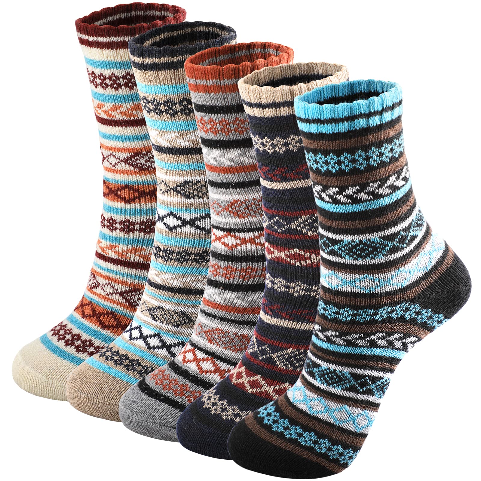 Trifabricy 5 Pairs Cozy Vintage Knit Socks - Warm Thick Winter Socks For Women and Men, Soft Crew Hiking Socks, Fashion Gift