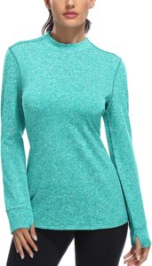 fulbelle cold weather thermal fleece running gear women, winter mock neck workout top t-shirts long sleeve thumb hole lounge fall fashion ladies casual blouses sweatshirt pullover green small