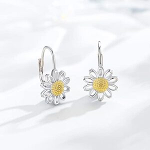 Daisy Leverback Earrings 925 Sterling Silver Flower Earrings Daisy Flower Hoop Earrings Daisy Flower Jewelry for Women