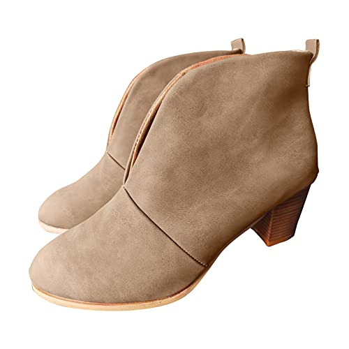 FAMOORE Ankle Boots For Women Low Heel Western Cowboy Boots Women'S Rain Footwear Rubber Boots suede Stacked riding boots for women women fashion sneakers slip on(Khaki, 7)