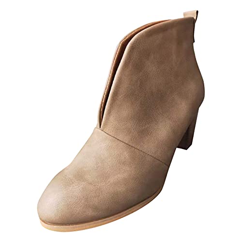 FAMOORE Ankle Boots For Women Low Heel Western Cowboy Boots Women'S Rain Footwear Rubber Boots suede Stacked riding boots for women women fashion sneakers slip on(Khaki, 7)