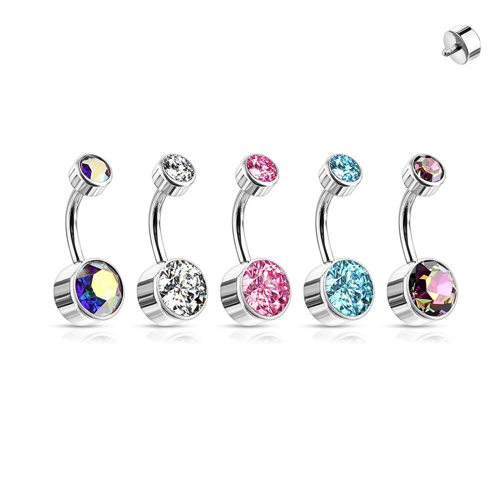 Pierced Owl 14GA G23 Implant Grade Titanium Internally Threaded Top Double Round Bezel Set Crystal Belly Button Ring (Pink)