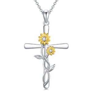 hoohwe sunflower cross necklace, 925 sterling silver you are my sunshine cross necklace dainty daisy flower pendant necklace sunflower jewelry necklaces gifts for women sister daughter mom wife