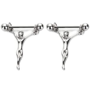 14g surgical steel nipple rings dangly jesus nipplerings straight barbell body piercing jewelry for women girls 1 pair (14g; 16-14mm)