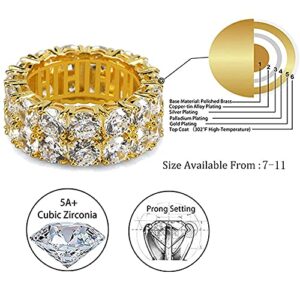 Apzzic 9mm Iced Out 2 Row Cubic Zirconia Diamond Gold Plated Hip Hop Eternity Wedding Band Engagement Ring for Men Women Gold 9